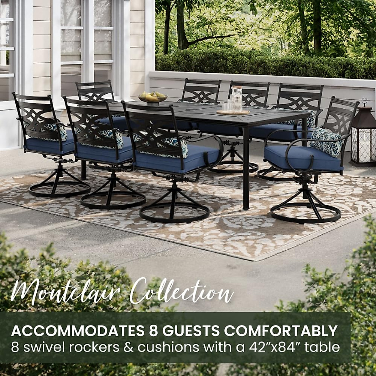 Hanover Montclair 9-Piece Outdoor Dining Set, 8 Swivel Rocker Chairs with Comfortable Seat and Lumbar Cushions, 84"x42" Stamped Rectangle Table, All-Weather Patio Dining Set for 8 for Backyard, Patio