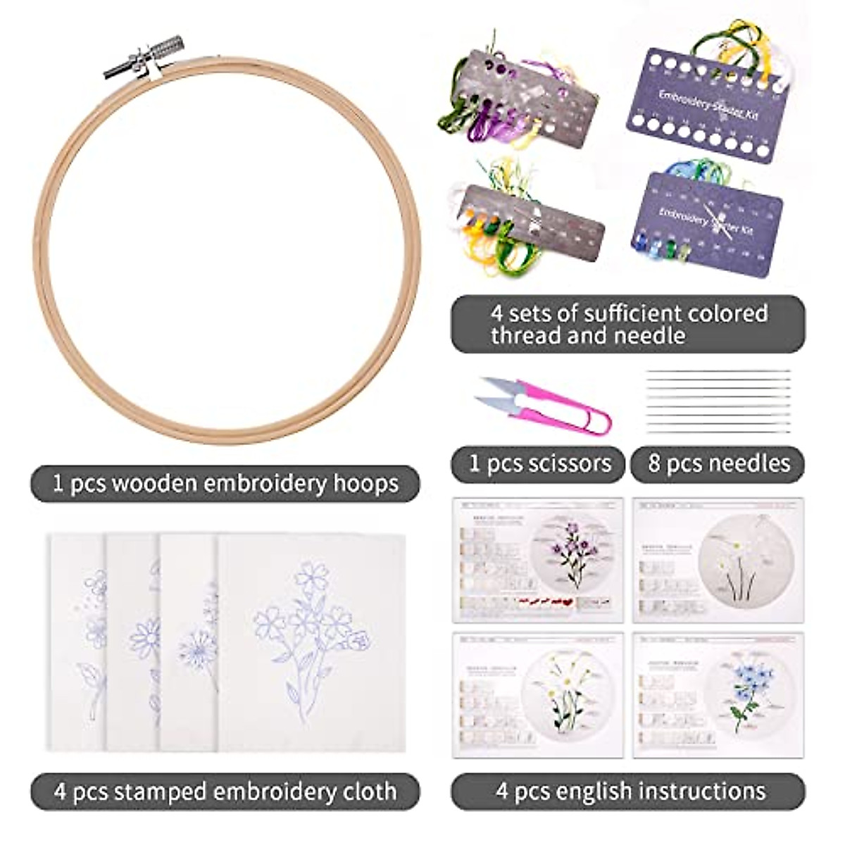 DJZNDINGJIEJIE Embroidery Kit for Beginners, Cross Stitch Kits for Adults, 4 Pack Transparent with Floral Plant Pattern Sets Embriodery, Funny Easy Needlepoint Embrodery Crosstitch Kits
