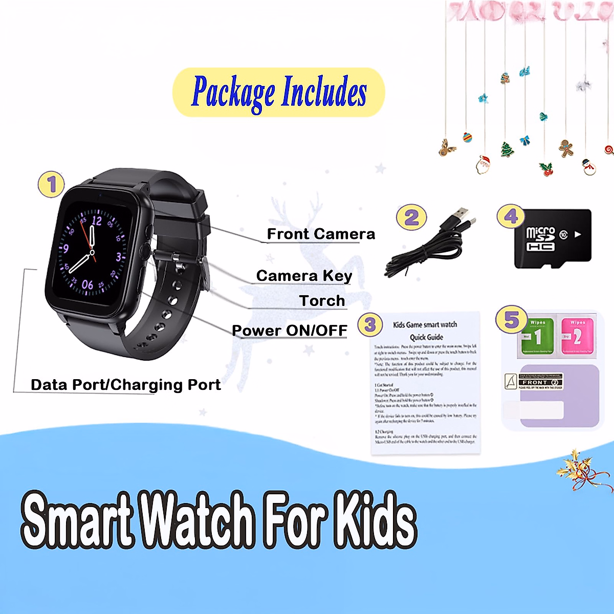 iCHOMKE Smart Watch for Kids, Girls Boys Smartwatch with 26 Games Camera Video Recorder and Player, Pedometer Calendar Flashlight, Audio Book etc.,Toys Gifts for 4-12 Years Children (Black)