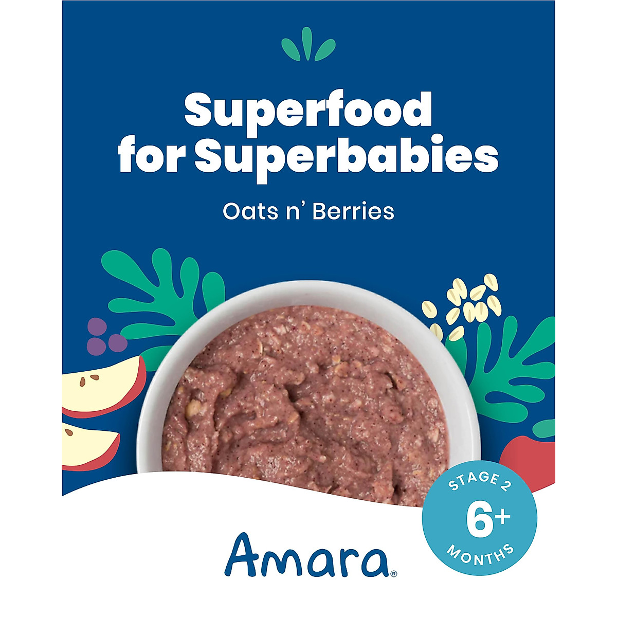 Amara Organic Baby Food - Stage 2 - Oats & Berries - Baby Cereal to Mix With Breastmilk & Water - Shelf Stable Baby Food Pouches Made from Organic Fruit and Veggies - 5 Pouches, 3.5oz Per Serving