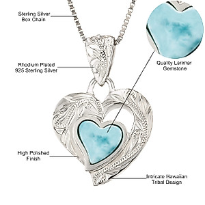 Aloha Jewelry Company Sterling Silver Natural Larimar Hawaiian Tribal Heart Necklace Pendant with 18" Box Chain