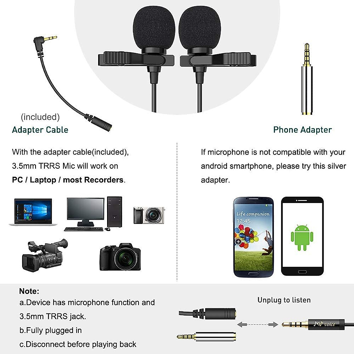 PoP voice 16 Feet Dual-Head Lavalier Microphone with TRRS Y Splitter