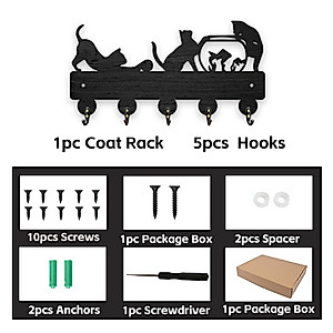 BEUNITONE Cat Wooden Key Holder Animal Key Hanger 11.8x7.9 Cat Fish Decorative Key Holder Rack Wall Mounted Wood Key Display Holder with 5 Hooks and Screws for Entryway Kitchen Hallway Office