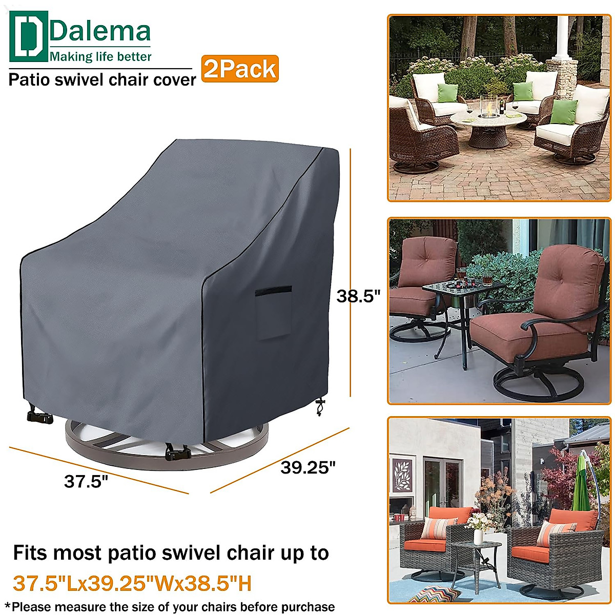 Dalema Outdoor Swivel Lounge Chair Cover 2 Pack,Heavy Duty 100% Waterproof Patio Swivel Chair Covers,Weatherproof Furniture Protective Cover for Lawn/Garden Swivel Chair(37.5" Lx39.25 Wx38.5 H,Grey)
