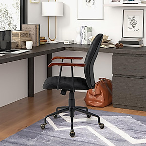 COSTWAY Velvet Office Chair, Upholstered Home Leisure Chair with Rubber Wood Armrests & 5-Claw Metal Base, Vintage Mid-Back Computer Desk Chair for Adult, Home, Office, Study (Black)