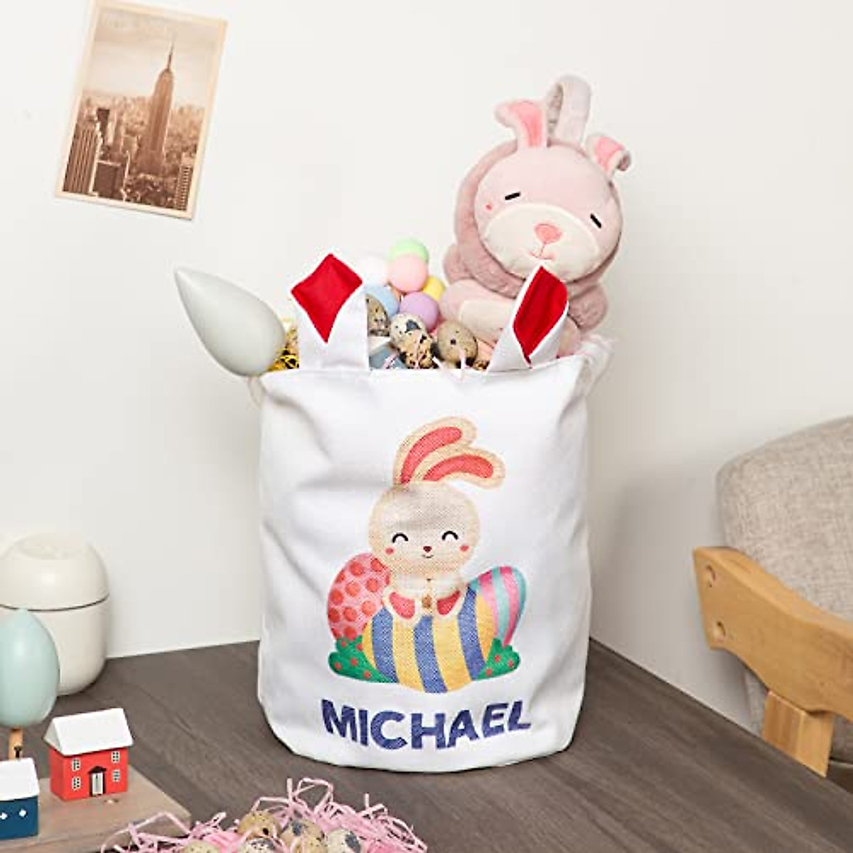 Customized Name Canvas Tote Bag Bunny Printed Easter Basket, Egg Hunt Easter Bags with Rabbit Ears for Kids Boys Girls First Easter Party Decorations Favors Gifts, Cute Easter Basket