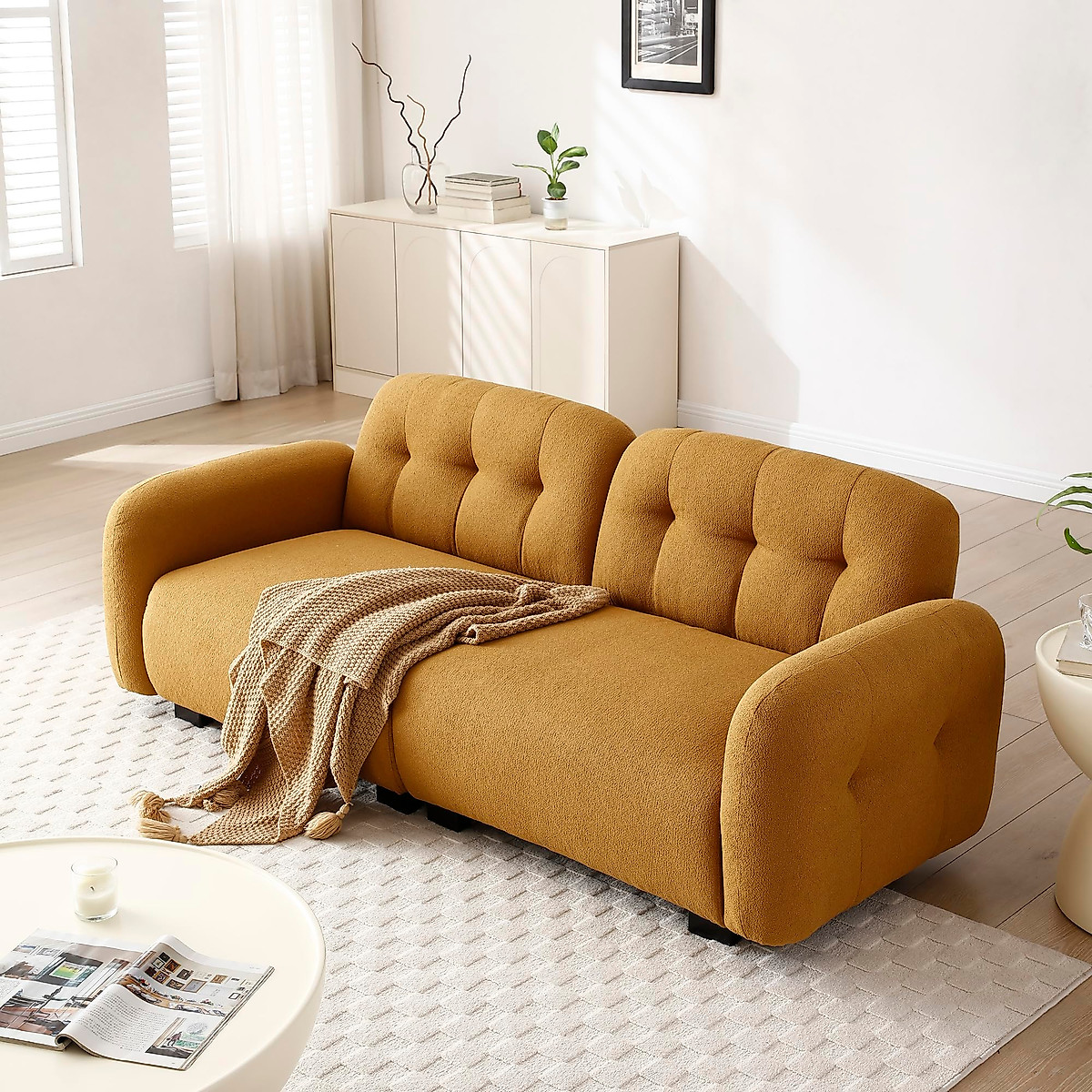 81.48" Modern Sofa Couch,3-Seater Teddy Sofa Sectional with Wooden Legs for 3-4 Persons, Upholstered Deep Seat Love Seat Sofa Chaise for Living Room,Bedroom, Apartment and Office (Cognac, 81.48)