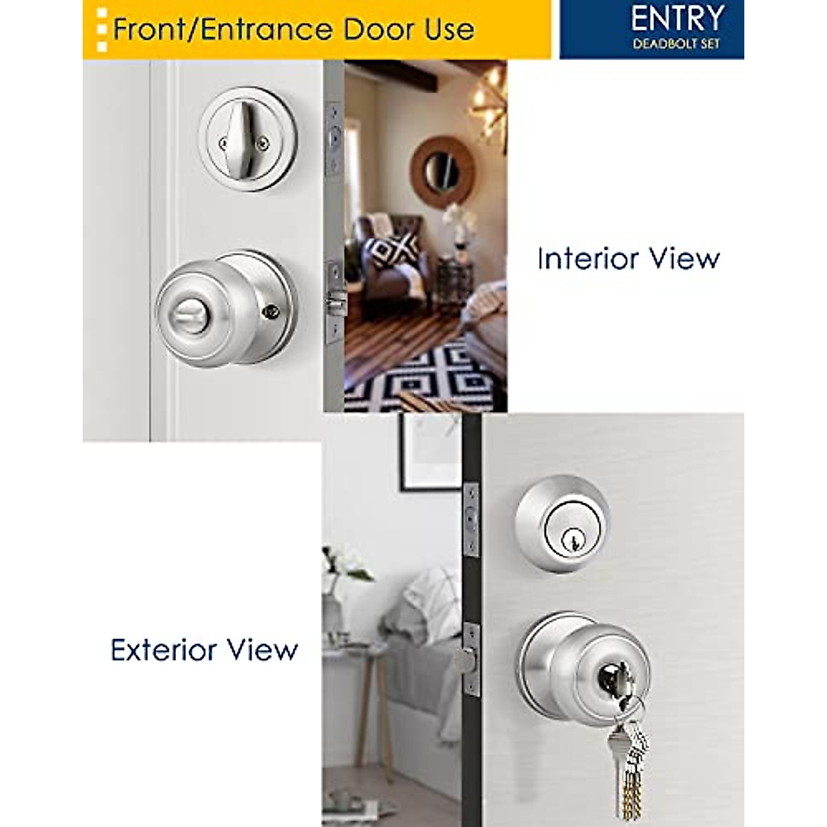 2 Pack Entry Door Knob and Single Cylinder Deadbolt Combo Pack in Satin Nickel, Keyed Alike Exterior Door Lock Set with Deadbolt, Door Knobs with Deadbolt for Entrance and Front Door