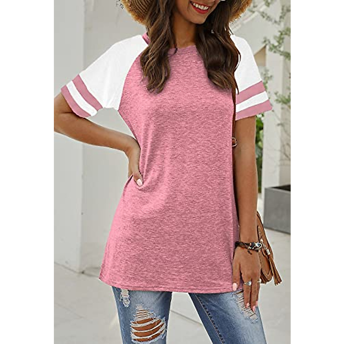 Adibosy Women Summer Casual Shirts: Short Sleeve Striped Tunic Tops - Ladies Loose Crew Neck Tee Tshirt Blouses Pink L