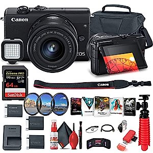 Canon EOS M200 Mirrorless Digital Camera with 15-45mm Lens (Black) (3699C009), 64GB Card, Case, Filter Kit, Corel Photo Software, 2 x LPE12 Battery, External Charger + More (Renewed)