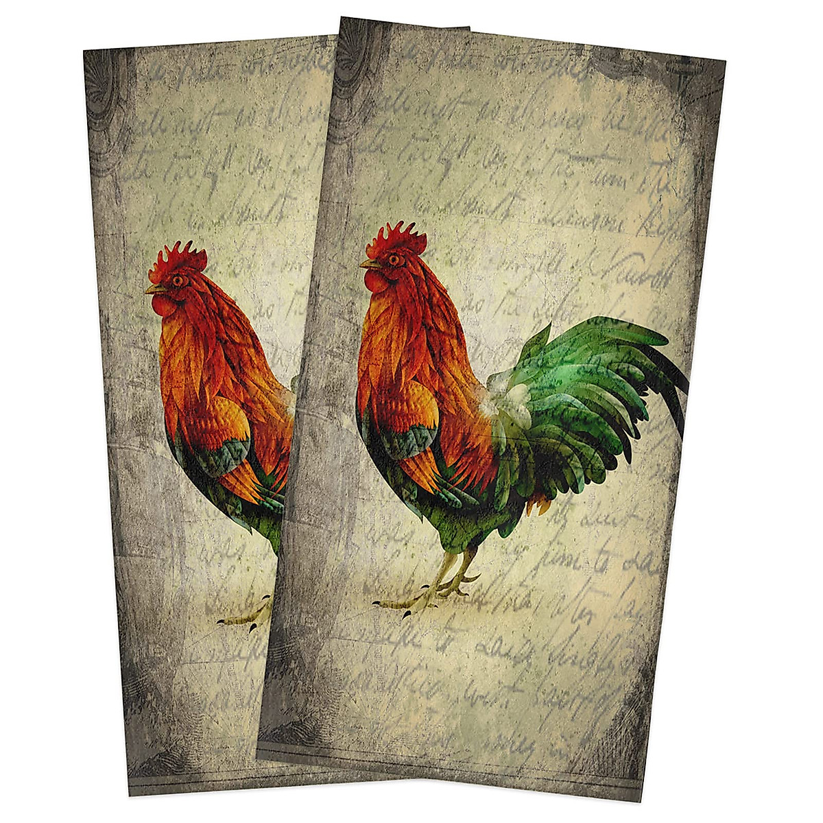 BEKYONEE Kitchen Towels 2 Pack Absorbent Dish Cloth Vintage Farm Animal Rooster Dish Towel for Home Drying Dishes Soft Hand Towels Cleaning Cloths Old Letter Back