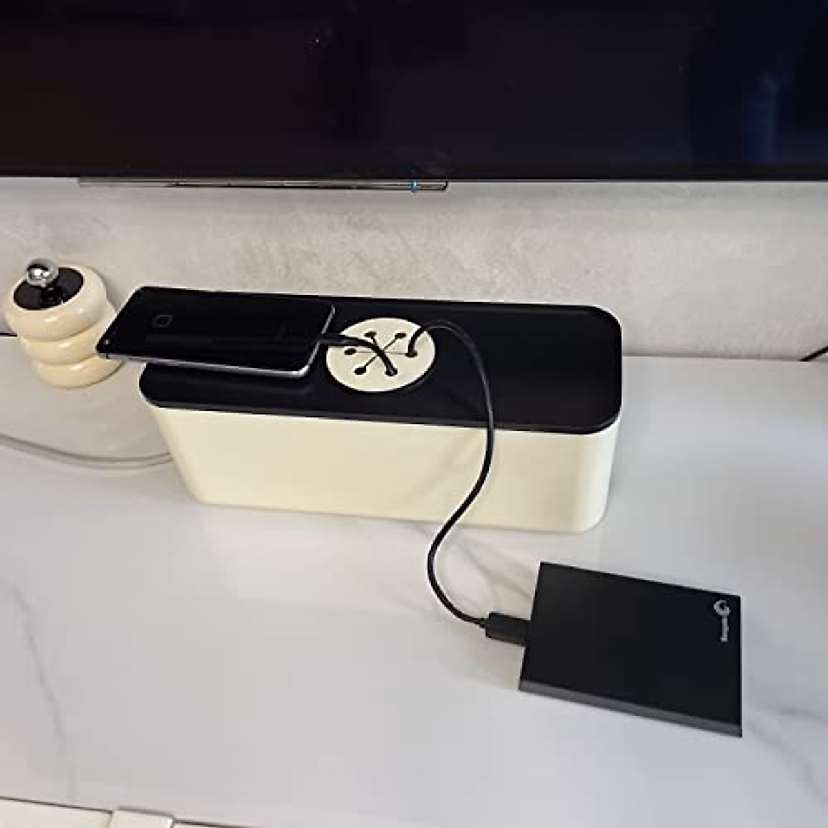 BUYSK Cable Management Box, Cord Organizer Box for Power Strip to Hide Cables on Desk or Floor, Made of Safe ABS Material Wires Keeper Holder (Off White)