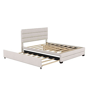 ATY Queen Size Platform Bed with Trundle & 2 Drawers, Upholstered Bedframe w/Headboard, for Bedroom, Guestroom, Livingroom, Save Space & Easy Assemble, Beige