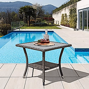 Verano Garden Outdoor Side Table, 20" Square Wicker End Table, Tempered Glass Top Coffee Table with Storage, Aluminum Frame-Gray