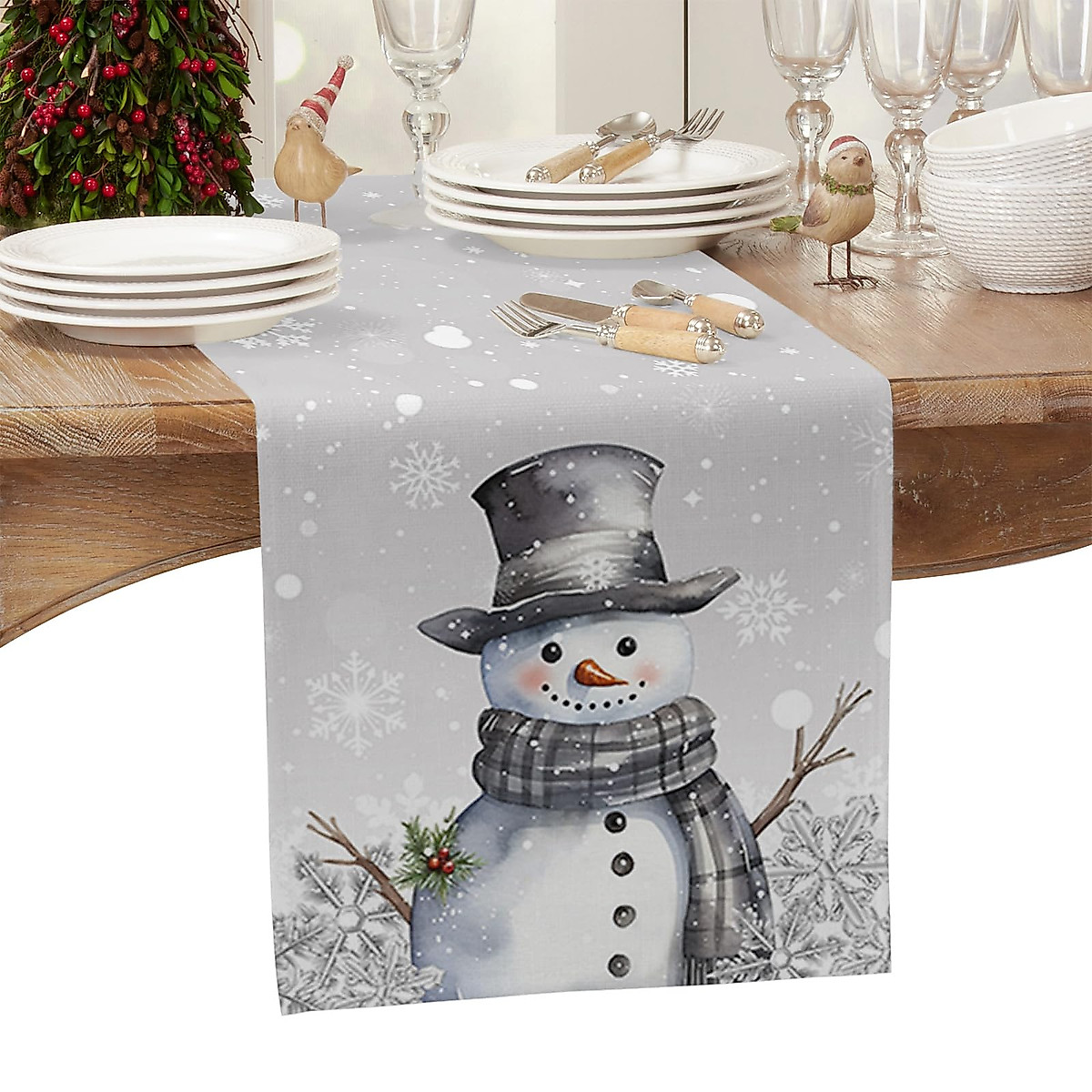 Grey Snowman Christmas Table Runner 36 Inches Long, Xmas Berry Botanical Farmhouse Dress Scarves, Winter Snowflake Dining Tablerunner for Coffee Table/Kitchen Island/Christmas Party, Small 13"x36"