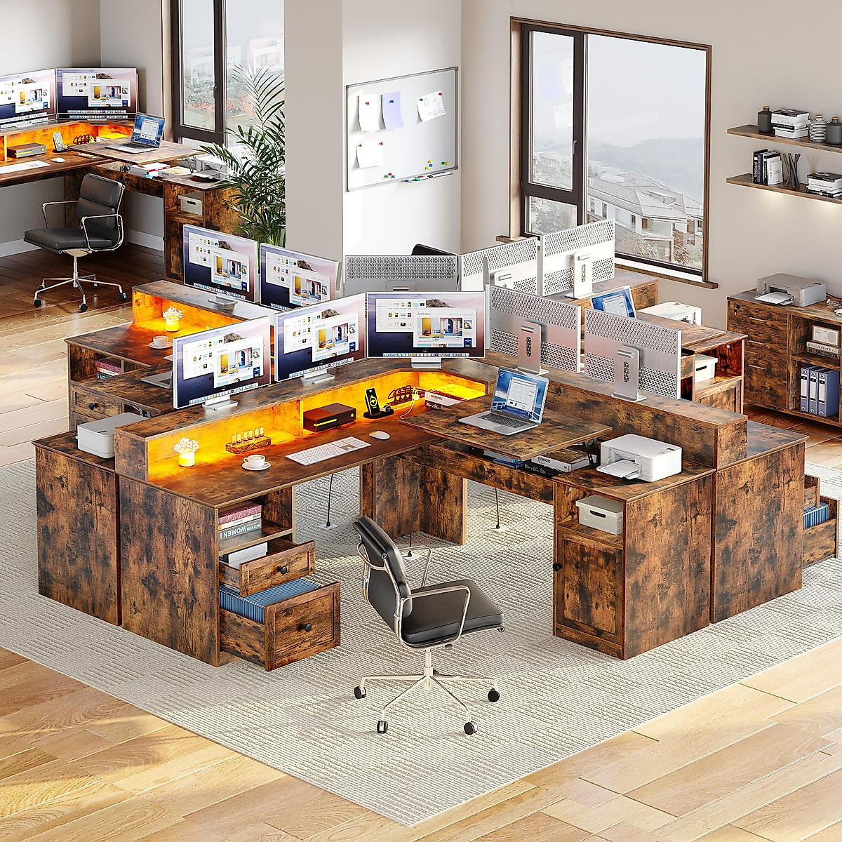 YITAHOME L Shaped Desk with Power Outlets & LED Lights, 60" Corner Computer Desk with Drawers & Lift Top, Home Office Desk with Monitor Stand & File Cabinet, Wood Height Adjustable Desk, Rustic Brown