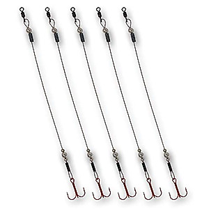 Tooth Shield Tackle Ice Fishing Tip Up Leader/Rig [90 lb] Ice Fishing Sucker Walleye Pike Musky Predator Rig (5 Pack) [Camo Wire/Silver Bead] VMC (Hook Size: 1/0)