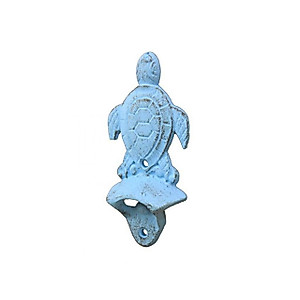 Hampton Nautical Rustic Light Blue Cast Iron Wall Mounted Sea Turtle Bottle Opener