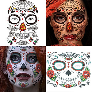 Temporary Face Tattoo, 8 Kits Tattoos Sugar Skull Stickers Day of The Dead Makeup, Face Tattoo Rose Design for Halloween, Masquerade and Parties