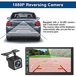 Double Din Car Stereo Compatible with Carplay and Android Auto ，7 Inch 1080P HD Touch Screen Radio，Mirror Link, Backup Camera, Steering Wheel, Bluetooth, FM,USB/AUX Port. (Wired Carplay)