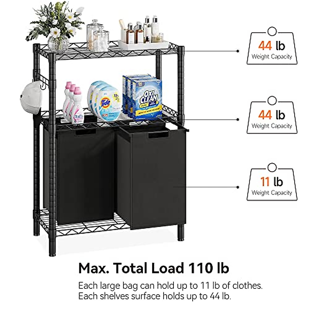 Laundry Sorters with 2 X 45L Laundry Bags & 2 Tier Adjustable Storage Shelf, Pull-Out and Removable Oxford Fabric Laundry Baskets, Black