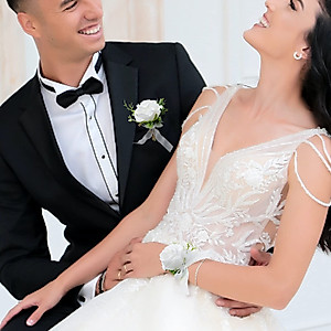 Senseya Wrist Corsage Wristlet Band Bracelet for Girls Women Bride Bridesmaid, Corsages Wristlet Artificial Silk Roseboutonniere Hand Flower Prom Decor (2 Boutonniere & 2 Wrist Corsage White)