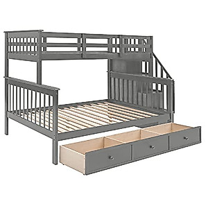 Harper & Bright Designs Twin Over Full Bunk Bed with Storage Drawer, Wood Bunk Beds with Stairway, Storage Shelf and Full-Length Guard Rail, Kids bunk Bed Twin Over Full, No Box Spring Needed (Gray)