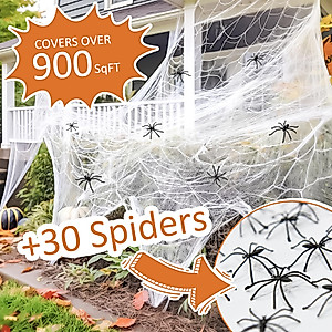 Aubeco 900 sqft Halloween Spider Webs with 30 Extra Fake Spiders, Outside Scary Decor, Super Stretchy Cobwebs Set for Halloween Decor Indoor and Outdoor Party Supplies