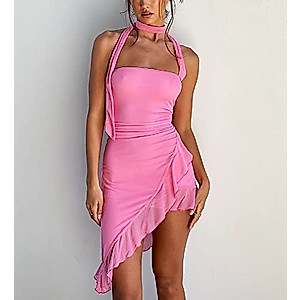 Argeousgor Women Y2k Short Halter Dress V Neck Irregular Ruffle Dress Sleeveless Fringed Mini Dress Sexy Open Back Dresses B-Pink