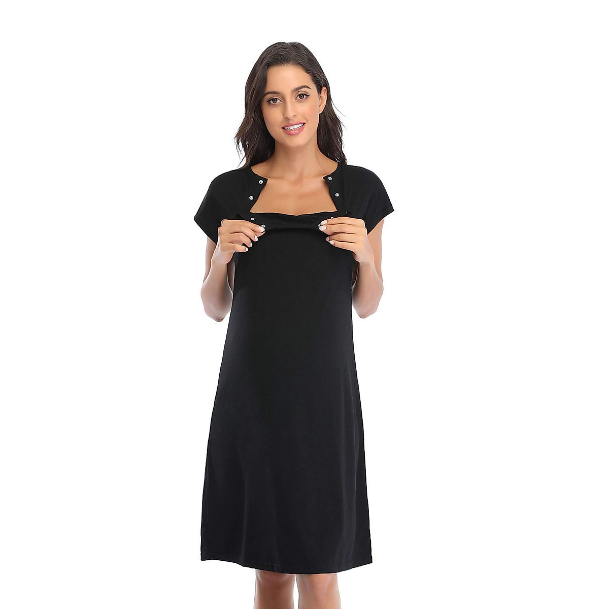 Soanhoo 3 in 1 Nursing Dress Maternity Nightgown Labor/Delivery Breastfeeding Birthing Gown with Button,Black,XL