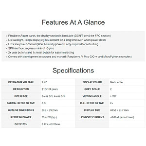 2.13inch Flexible E-Paper Module for Raspberry Pi Pico, 212×104 Pixels Black/White E-Ink Display SPI Interface Support Partial Refresh Low Power, Wide Viewing Angle