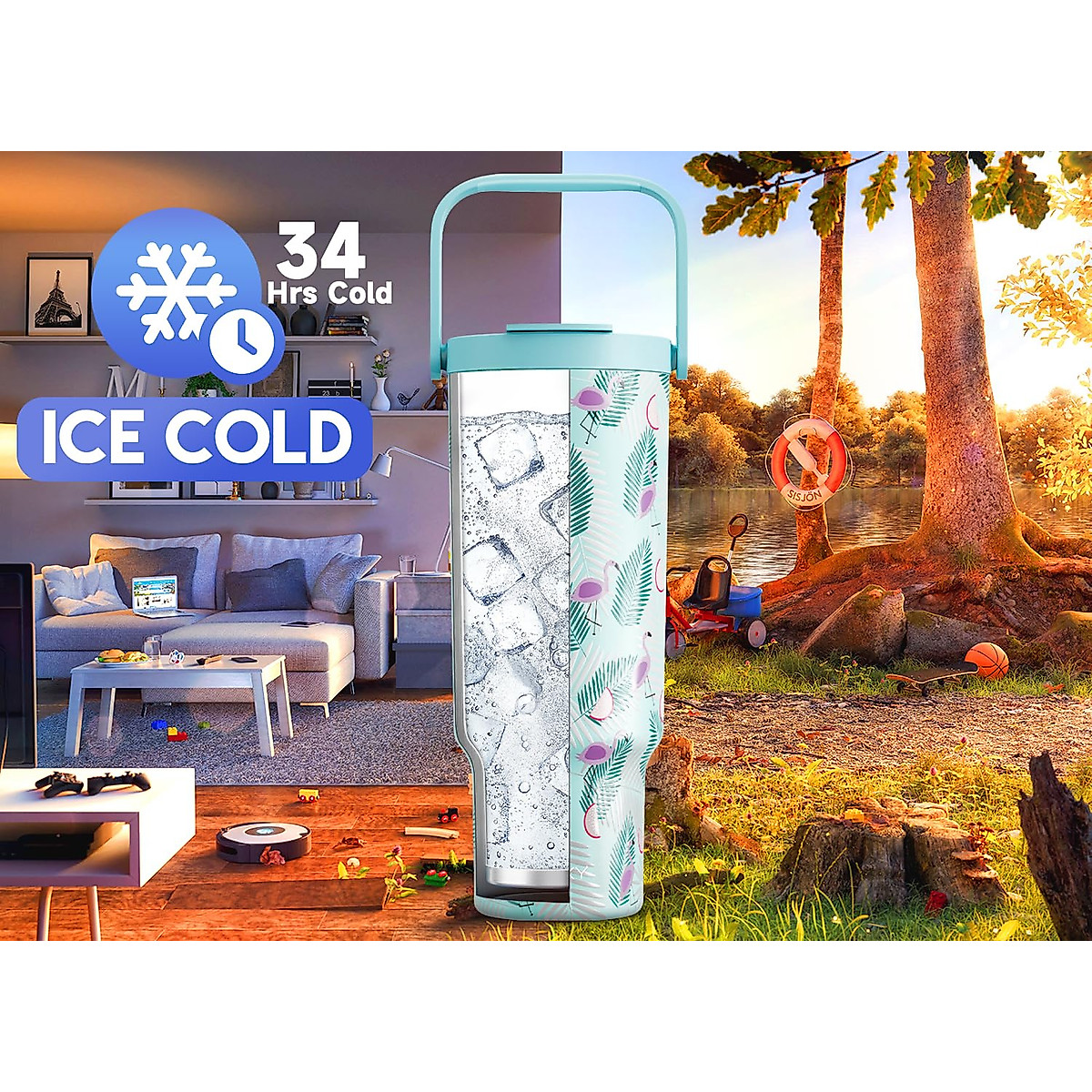 Meoky 40 oz Tumbler with Handle and Straw, Insulated Water Bottle, Stainless Steel Travel Mug, Keeps Cold for 34 Hours, 100% Leak Proof, Fits in Car Cup Holder (Blue Flamingo)