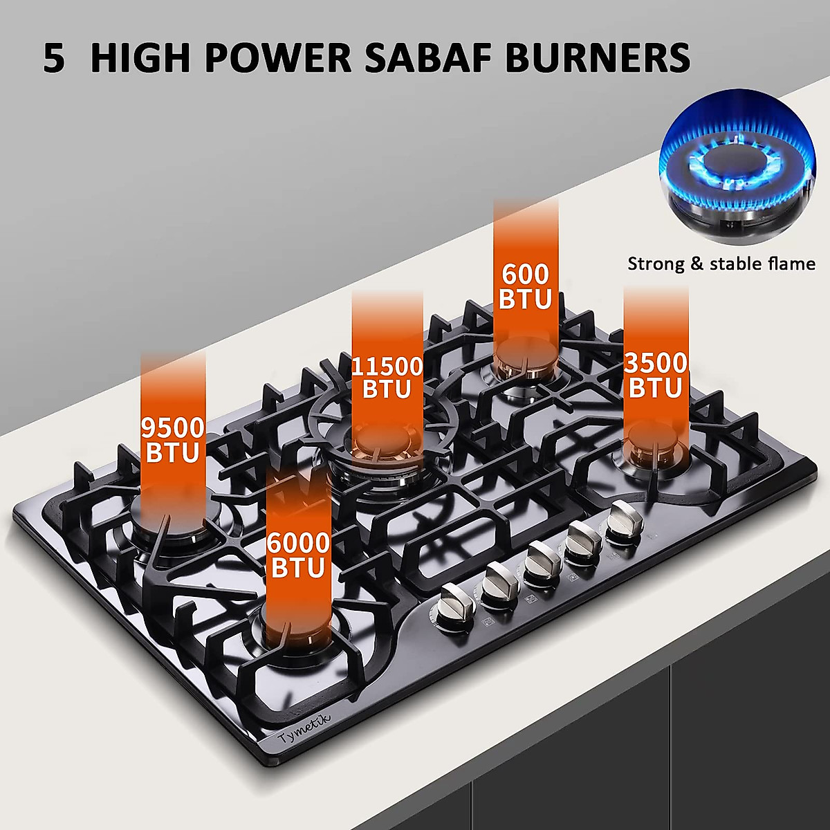 30 Inch Gas Cooktop, Built-in Stainless Steel Gas Stovetop 5 High Efficiency Burners Gas Stove LPG/NG Convertible Gas Hob (Black)