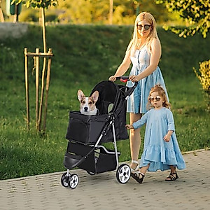 Foldable Pet Stroller for Cats and Dogs 3 Wheels Carrier Strolling Cart with Weather Cover, Storage Basket + Cup Holder