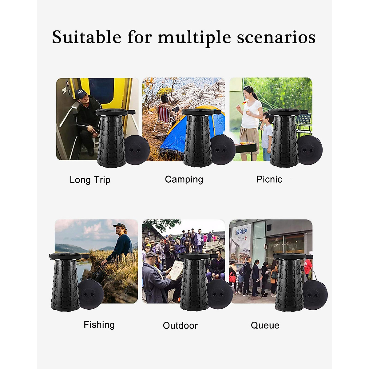 Deer's Life Portable Collapsible Stool with Cushion Pad, Retractable Folding Telescopic Camping Seat for Adults, Small Lightweight Sturdy Adjustable Stools for Travel,Kitchen,Garden,Fishing