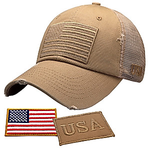 Antourage American Flag Unconstructed Hat for Men and Women Twill Mesh Snapback Baseball USA Flag Cap + 2 Patriotic Patches ((10) Khaki Distressed Mesh Snapback)