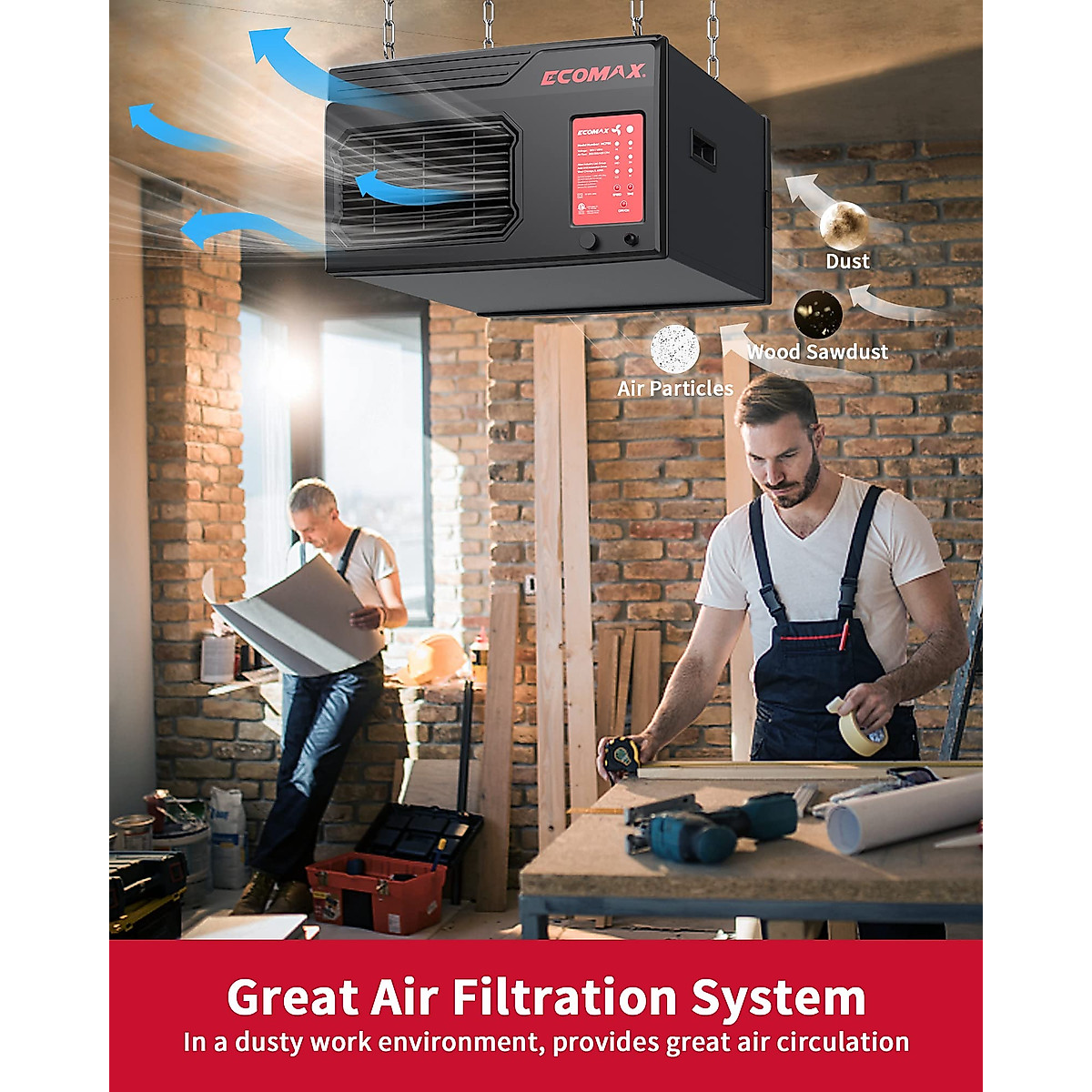 Ecomax MCF03 Air Filtration System, 3-Speed Hanging Ceiling Dust Collectors for Woodworking, Remote Controlled Dust Collection Systems for Shop Garage (300/350/400 CFM)