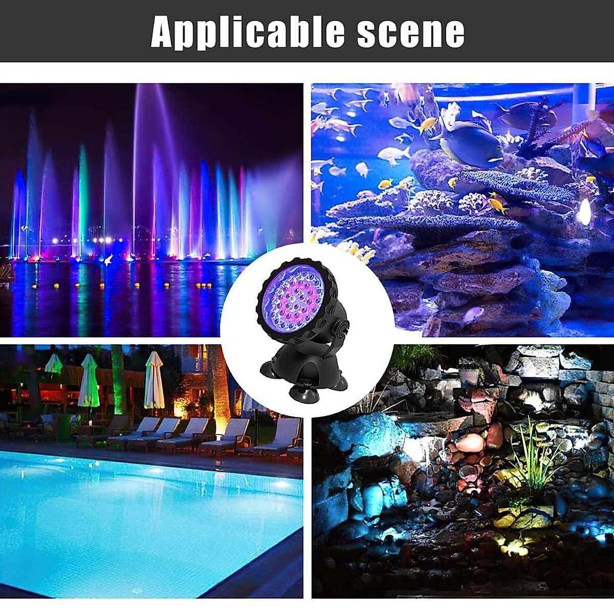 SOAMOEU Set of 4 RGB Color Changing Spotlights, Pond Lights LED Underwater Fountain Lights, IP68 Waterproof Diving Lights, Brightness, Color Changing Speed ​​Adjustable, Base with Suction Cup