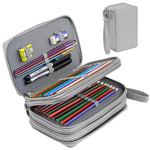 YOUSHARES 72 Slots Pencil Case - PU Leather Handy Multi-layer Large Zipper Pen Bag with Handle Strap for Colored / Watercolor Pencil (Gray)