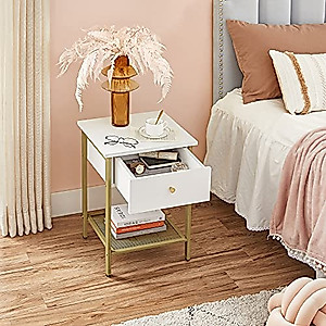 VASAGLE White Nightstand with Drawer, Bedside Table, End Table with Open Shelf, Modern Style for Bedroom, White and Gold ULET512A10
