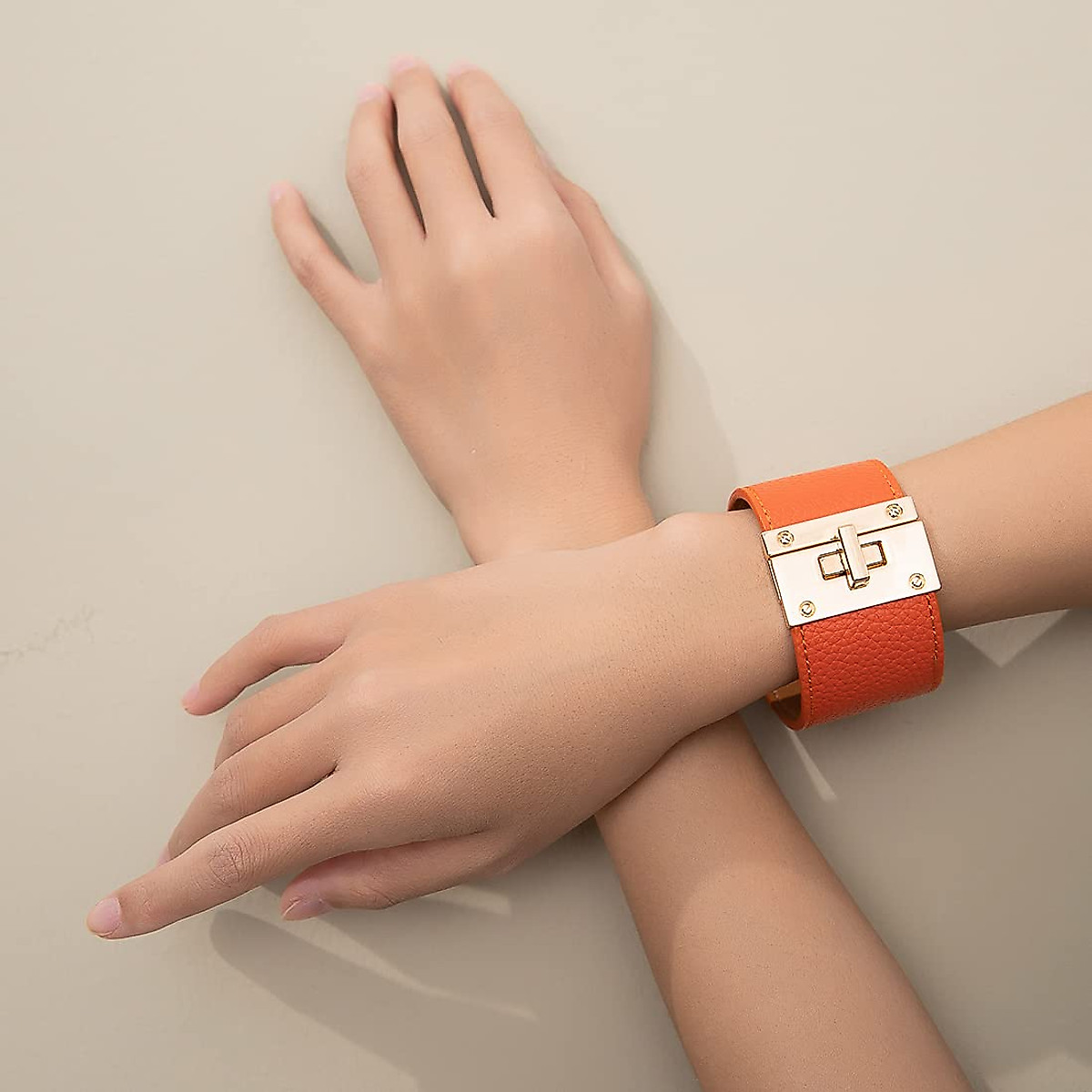 Rantanto Braid Leather Wrap Bracelet Trendy Stackable Crystal Cuff Boho Gold Heart Bracelet Jewelry Gift For Women, Wide Orange