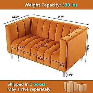 mikibama Mid-Century Modern Velvet Loveseat Sofa 57 Inch Button Tufted Couch Chesterfield Sofa with Square Arms & Acrylic Legs, 2 Seater Sofa for Living Room (Orange)