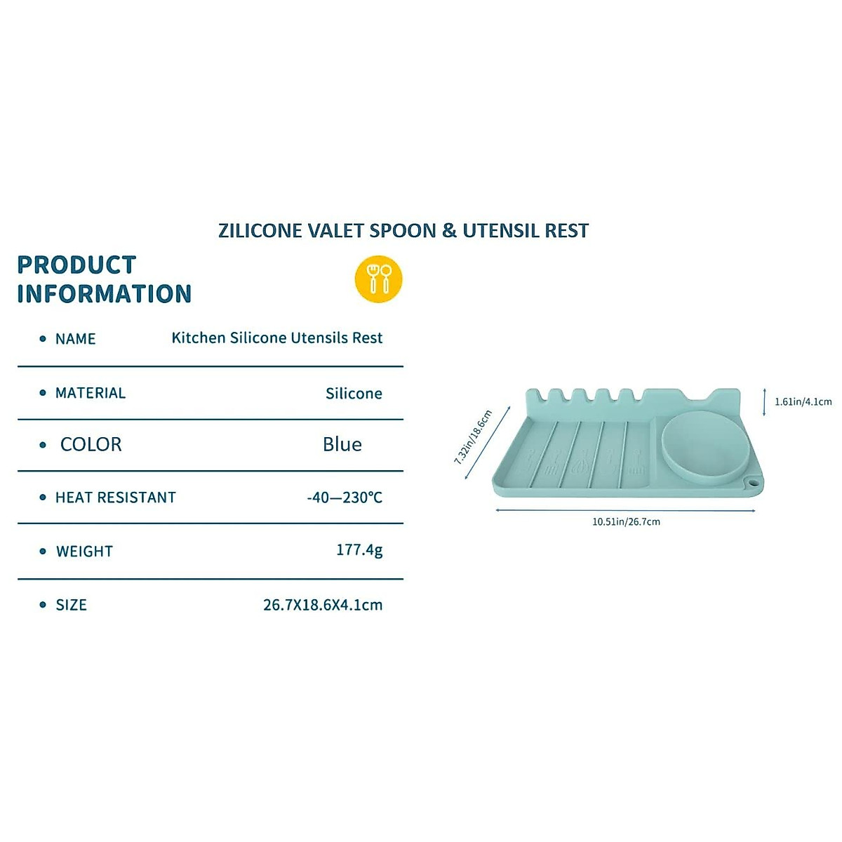 Zilicone Valet Silicone Spoon Rest with Drip Pad - 5 Slotted Spoon Rest for Kitchen Utensils, Tongs, Ladles - Heat Resistant Spoon Holder for Stove Top, Countertops, & Tables (Blue, 1)