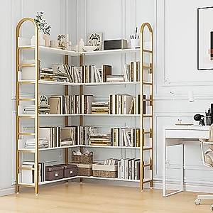 5-Tier Gold Bookcase, L-Shape Corner Bookshelf White & Gold, Modern Display Shelf Book Shelves with Adjustable Foot, Freestanding Storage Shelves for Home Office Use