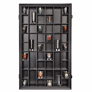 Sboitflmm Shot Glass Display Case - 46 Shot Glass Holder - Shot Glass Shelf Wall Mount Wooden Lockable with Removable Shelves for Collection Shot Glass UV Protection Acrylic Glass Door, Black