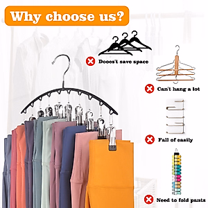 Legging Organizer for Closet, Pants Hangers with Clips Holds 20 Leggings, 2 Pack Metal Yoga Pants Hangers with Rubber Coated Clips, Space Saving Closet Organizers and Storage (Black)