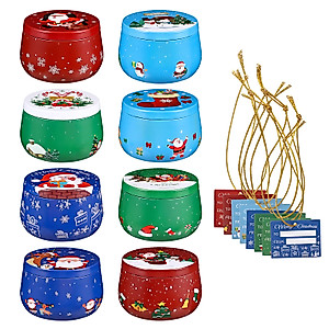 8PCS Christmas Cookie Tins with Lid: 8OZ Holiday Printed Round Metal Tins Candle Jars with Lids with 8PCS Tags for Candy Spices Tea DIY Candles Dry Storage Party Favors