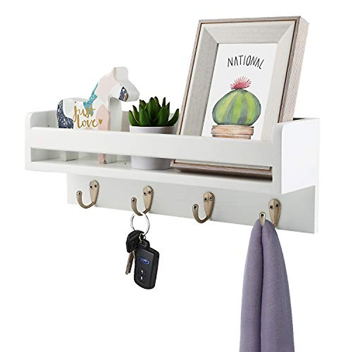 Halcent Wall Mounted Coat Rack Floating Wall Shelf, Wood Coat Hook Rack Entryway Organizer with 4 Key Holder Hooks for Magazine Letter Mail Holder