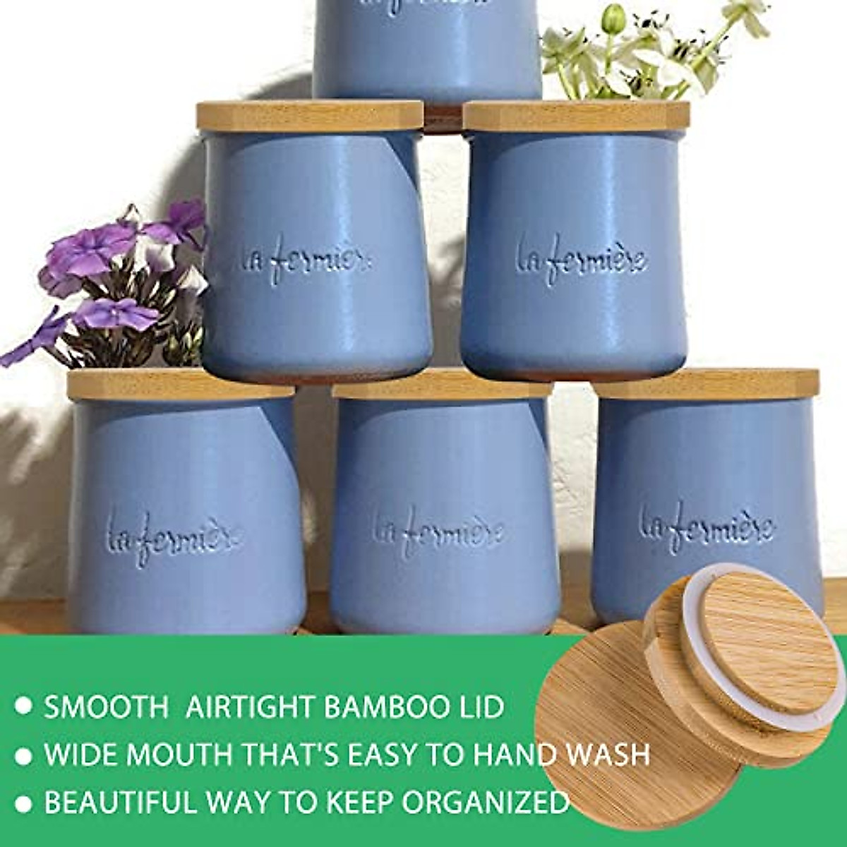 La Fermiere Yogurt Jar lids- 6PC Bamboo Jar Lids for La Fermiere Yogurt Jars,Compatible La Fermiere yogurt, Jar Lids with Silicone Sealing Rings for Mouth Jars Glass Storage Lids,100% Fit & Airtight. (Model-1)