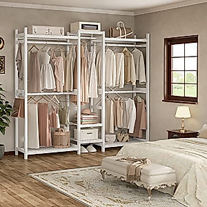 Hoiplu Bamboo Closet System Clothing Rack for Hanging Clothes, Large Garment Rack with Shelves and 5 Rods, 70”W x 77”H Heavy Duty Freestanding Clothes Rack Organizer for Wall-in Closet Bedroom, White